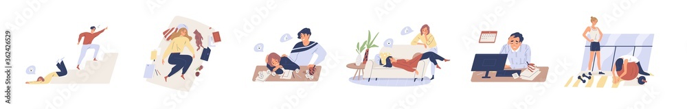 Exhausted, fatigue people in procrastination and emotional burnout on ...
