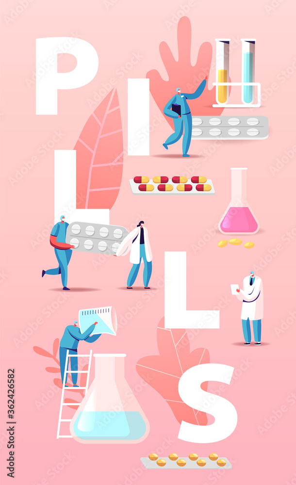 Pills Producing Concept. Tiny Pharmacist Characters with Huge Medical ...