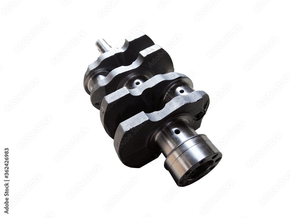 Crankshaft of a two-cylinder tractor engine on an isolated white ...