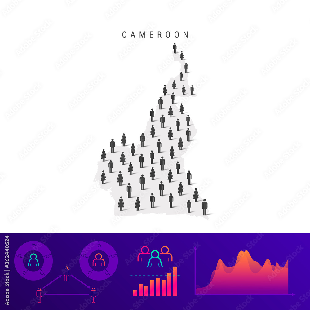 Cameroon people map. Detailed vector silhouette. Mixed crowd of men and ...