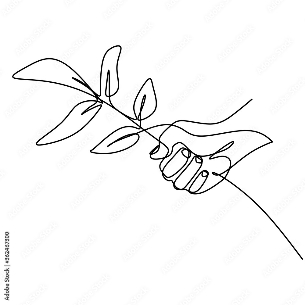 Continuous line drawing of hand holding growing plant. Hand's person ...