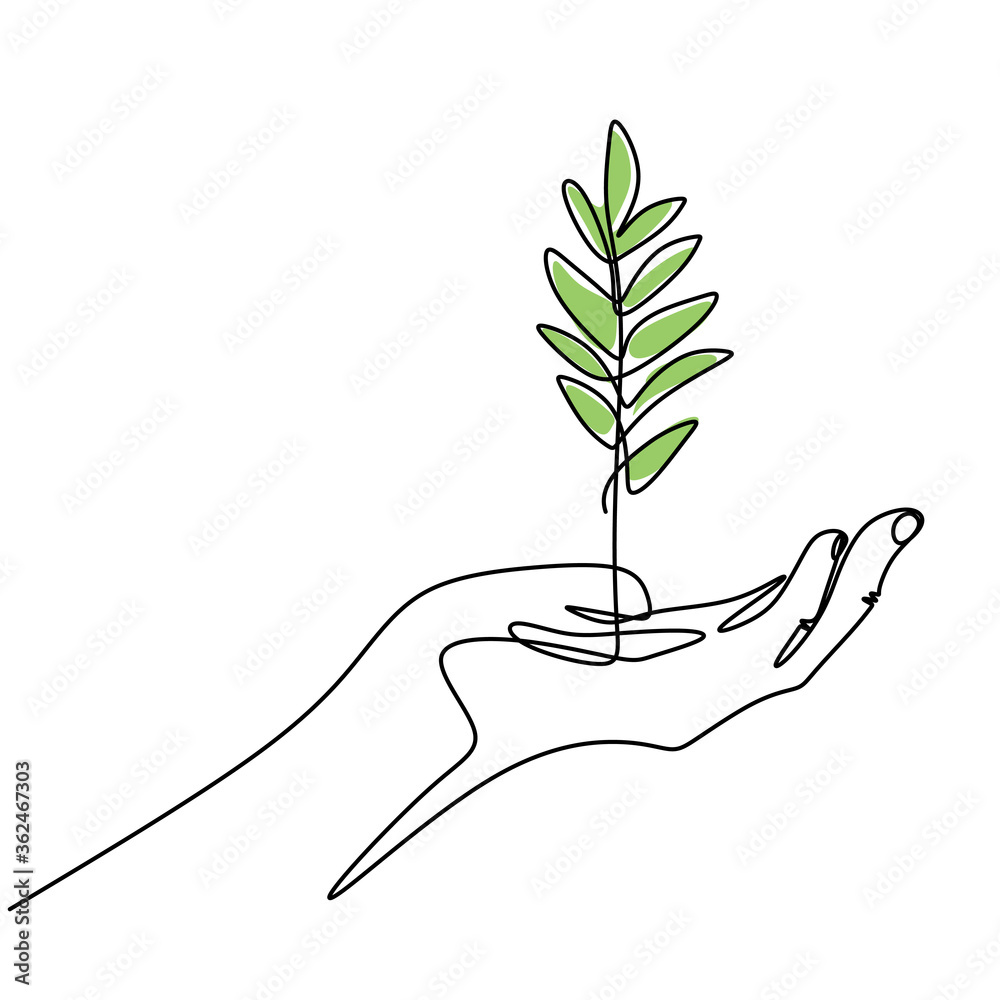 One line drawing of sprout in hand. Seedlings grow in the hands of ...