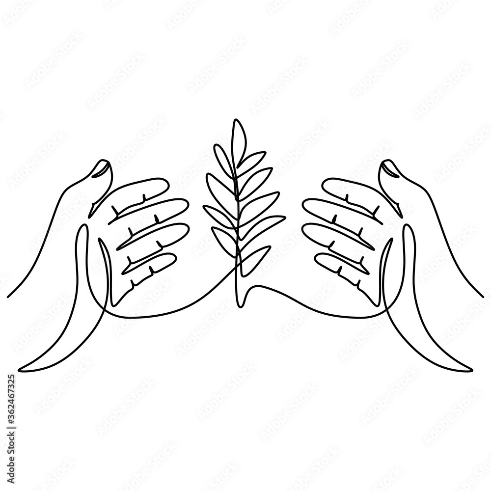 One line drawing of sprout in hand. Seedlings grow in the hands of ...