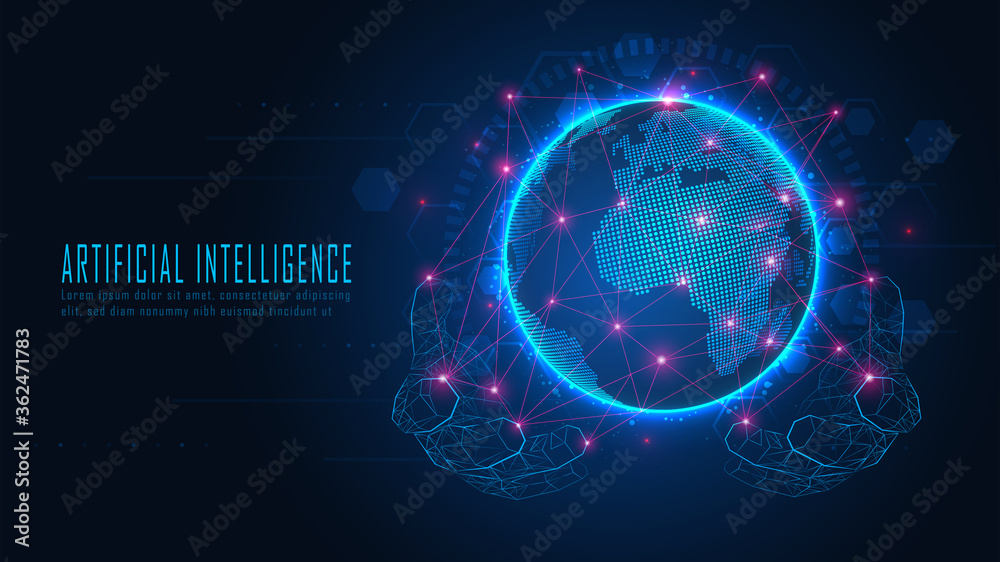 Futuristic Globe with connection network glowing on the hand of Ai ...