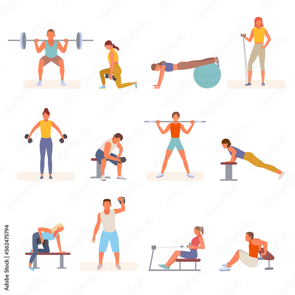 Bodybuilding fitness in gym set. Character lifting weights shakes ...