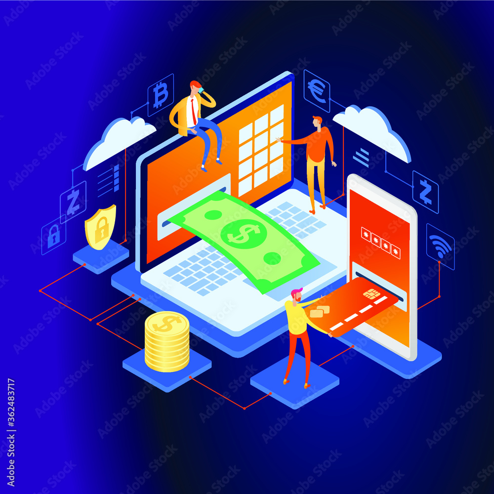 People using computer for online banking and accounting. Mobile banking ...