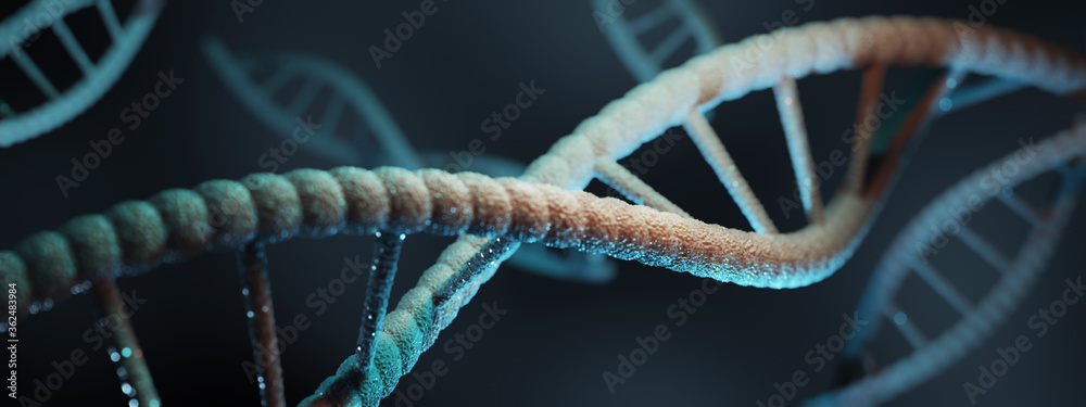 Blue particles of dna strucrure glowing over dark background. Genetic ...