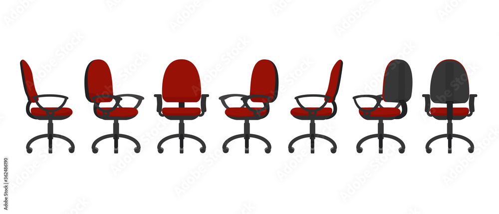 Red office chair from various points of view (front, back, side, two ...