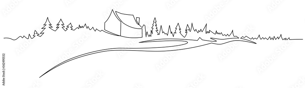Rural landscape continuous one line vector drawing. Hills, house ...