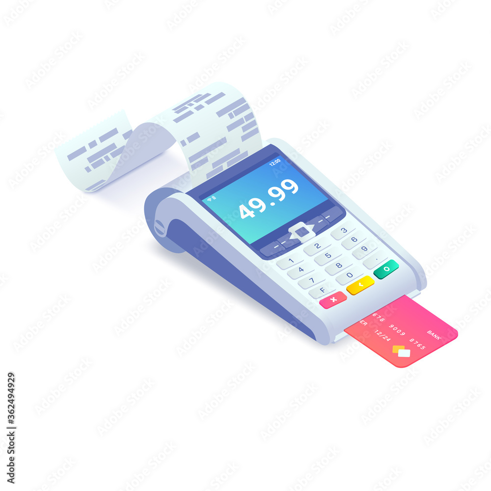 Cashless payment via credit card isometric concept. 3d payment machine printing check with ...