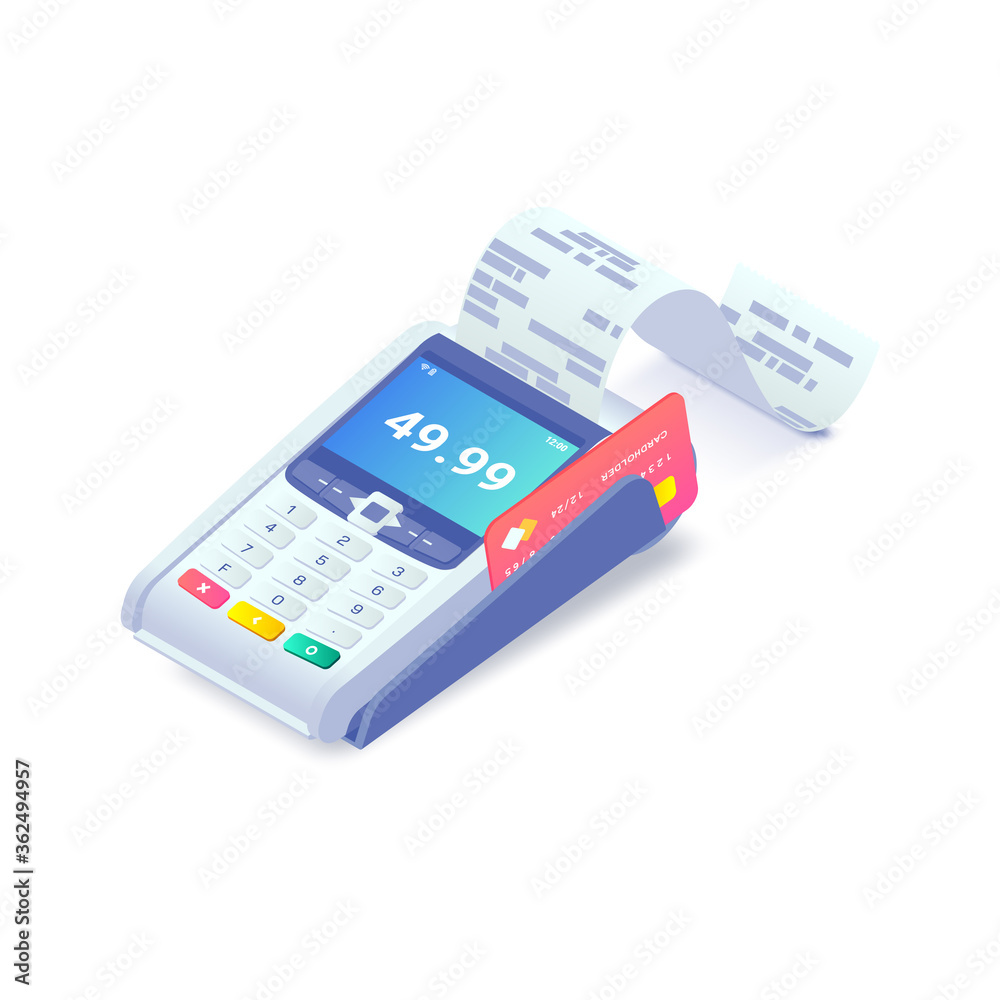 Cashless payment via credit card isometric concept. 3d payment machine ...