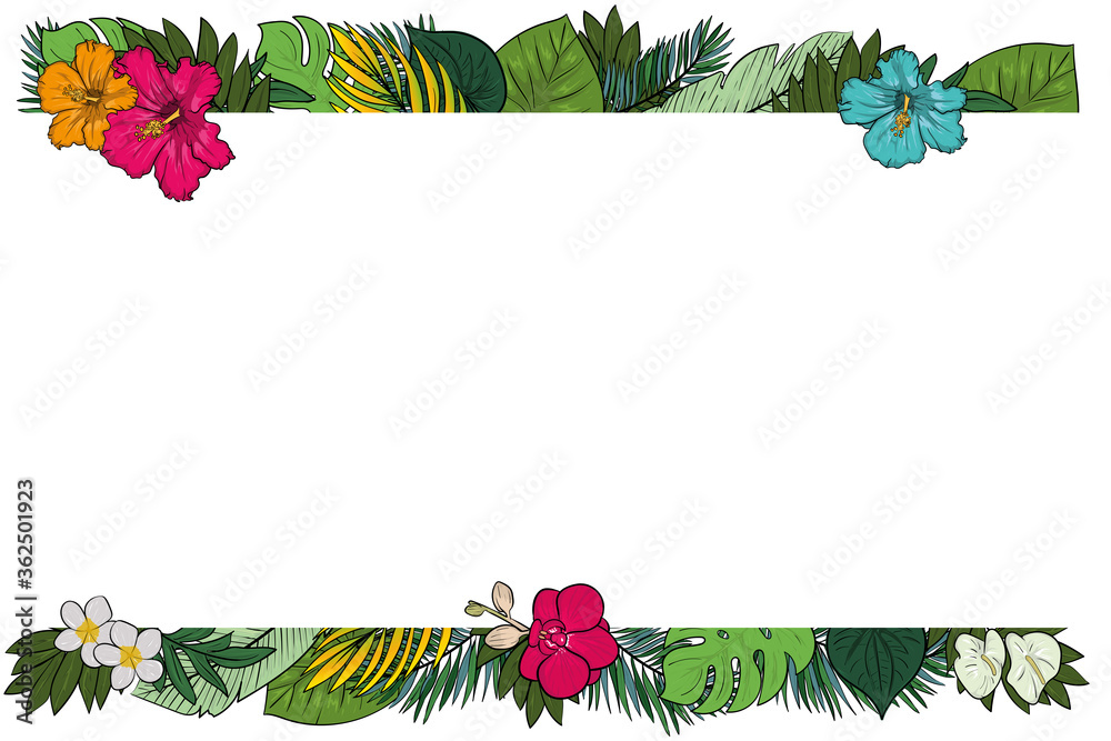 frame of flowers, frame of tropical flowers,invitation card, tropical ...