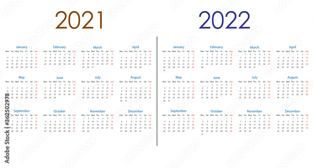 2021, 2022 calendar, week starts Monday. Vector illustration, flat ...