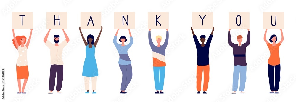 Plakat People holding thank you. Woman man standing with plates letters ...