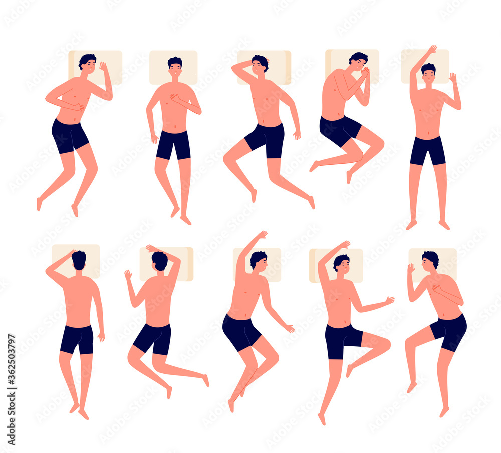 Man sleeping. Sleep position, young person on bed in different poses ...