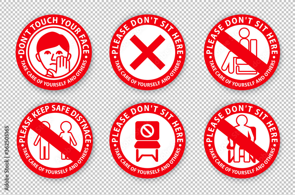 Warning signs on transparent background.. Keep distance between people ...