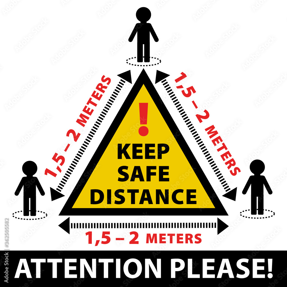 Keep Distance sign. Yellow danger triangle sign. Keep distance at least ...