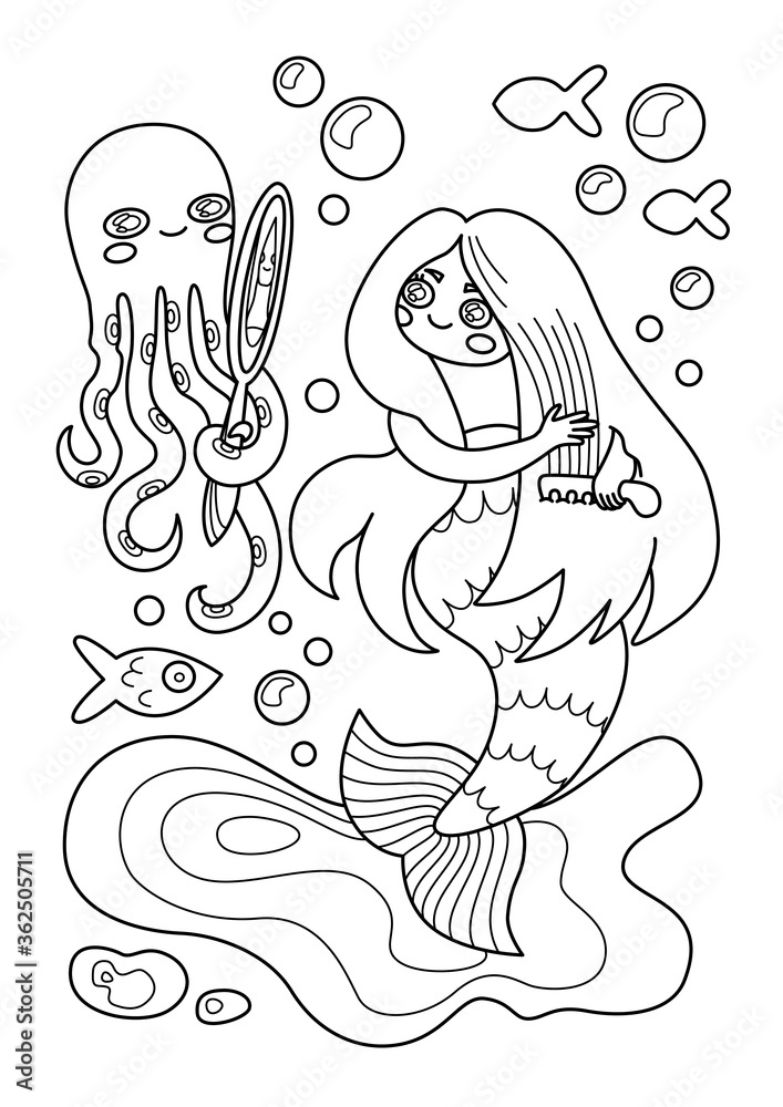Cartoon page for coloring book with mermaid and octopus, hand-drawn ...