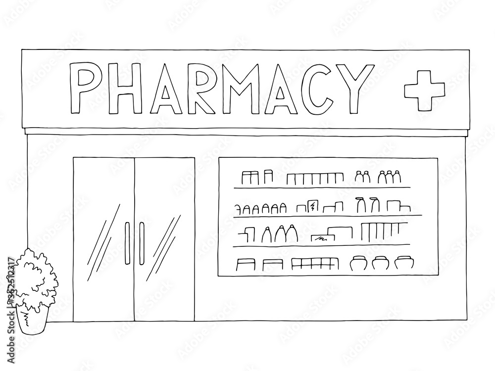 Pharmacy exterior store shop building graphic black white sketch ...