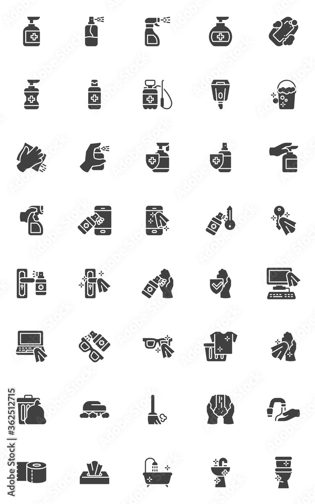 Disinfection and cleaning vector icons set, modern solid symbol ...