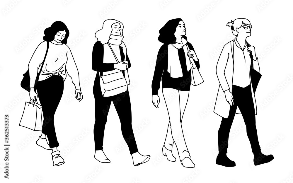 Set of women walking. Concept. Monochrome vector illustration of women ...