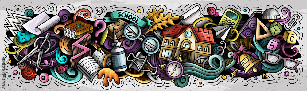 Cartoon cute doodles School banner design. Colorful illustration Stock ...