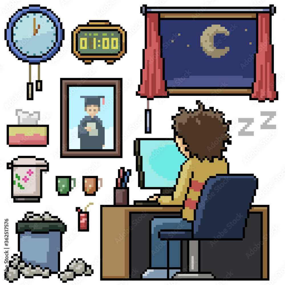 pixel art set isolated man work overtime Stock Vector | Adobe Stock