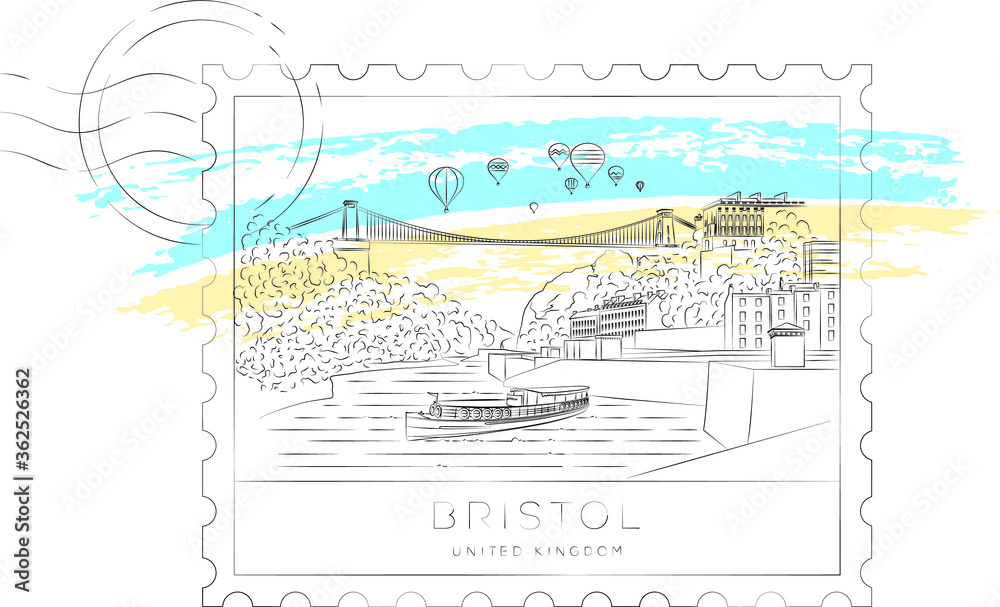 Bristol urban sketch stamp, River Avon and Clifton Suspension Bridge ...