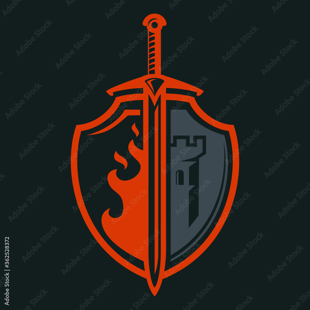 Sword and shield with fire and tower. Abstract medieval composition ...