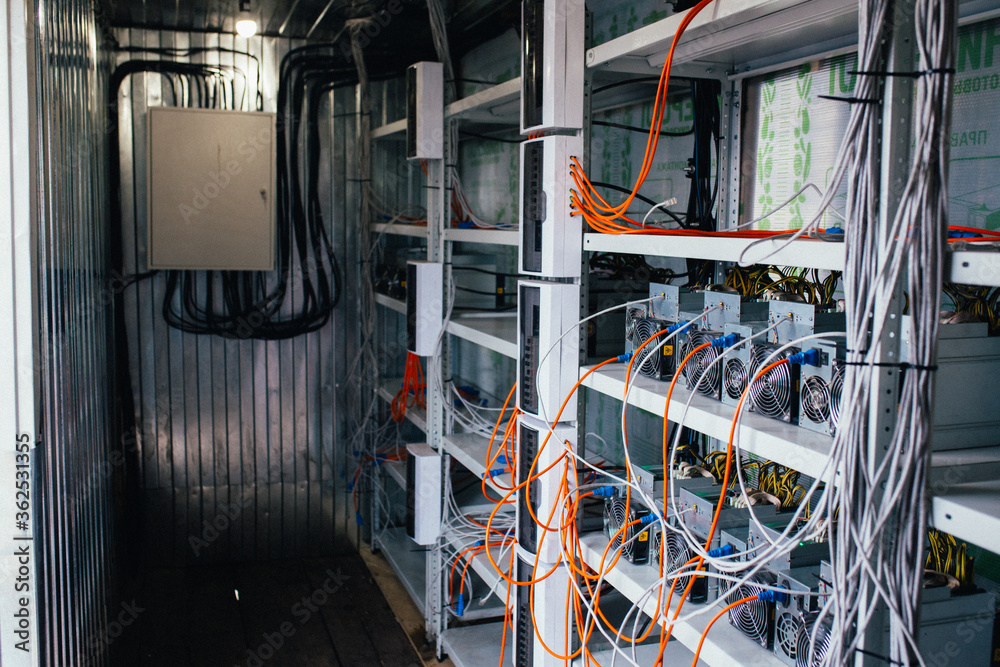 ASIC miners stand on a shelf and connected to electricity and the ...