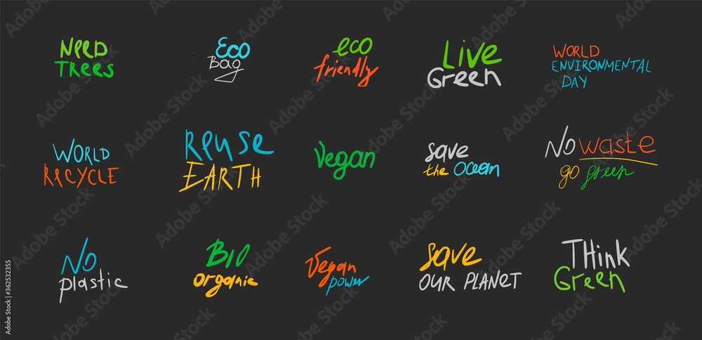Hand drawn nature ecology words, labels - need trees, eco friendly ...