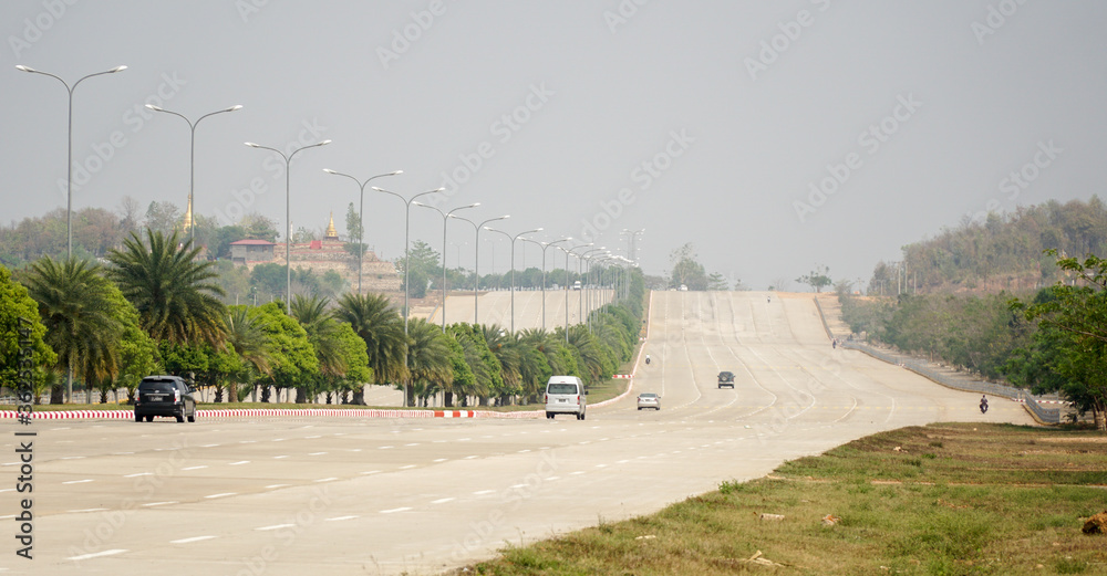 Empty highway road without traffic in Naypyitaw, the planned city ...