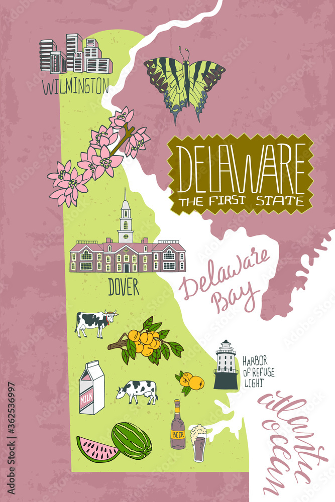 Illustrated map of Delaware, USA. Travel and attractions. Souvenir ...