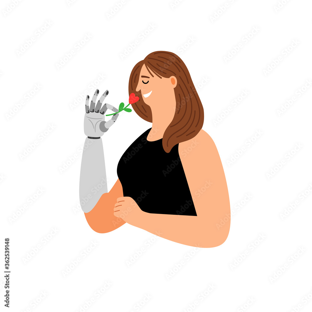Prosthetic hand. Cartoon woman with bionic arm, metallic cybernetic ...