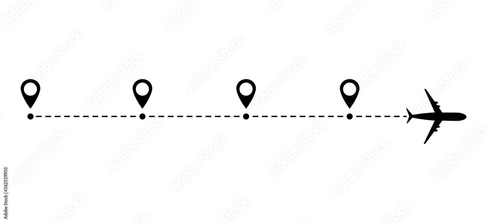 Airplane line vector icon of air plane straight flight route with start ...