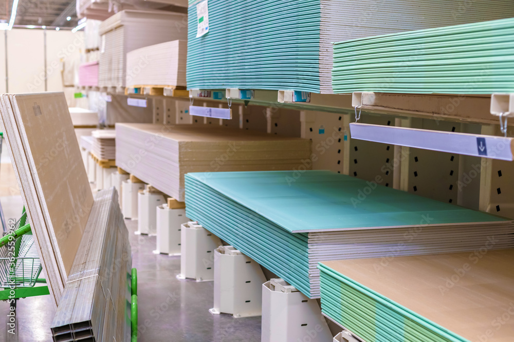 Drywall in the store. Different types of drywall in a building ...