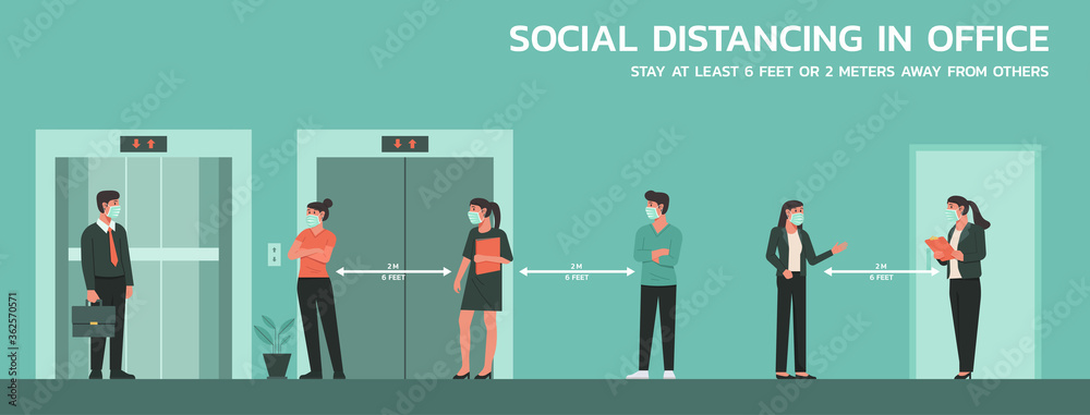 people waiting in line for the elevator or lift and maintain social ...