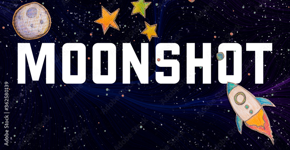 Moonshot theme with space background with a rocket, moon, and stars ...