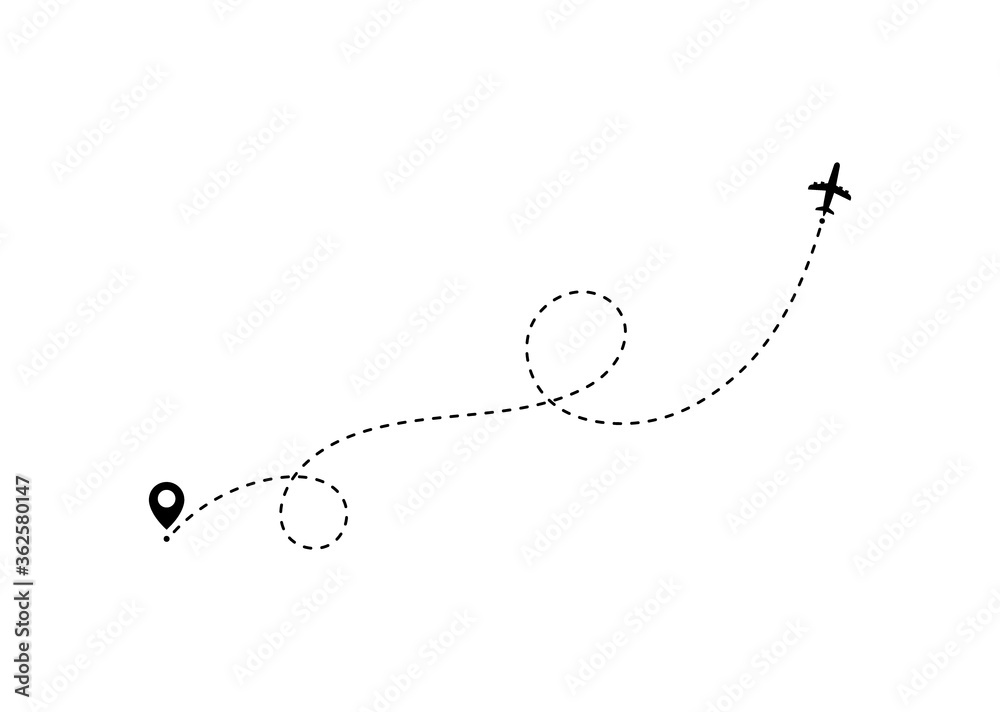 Airplane travel concept with map pins, GPS points. Flight start point ...