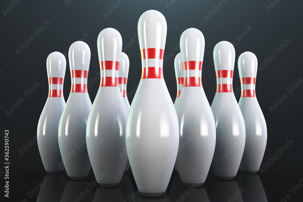 Ten bowling pins on the floor. Close-up Stock Photo | Adobe Stock
