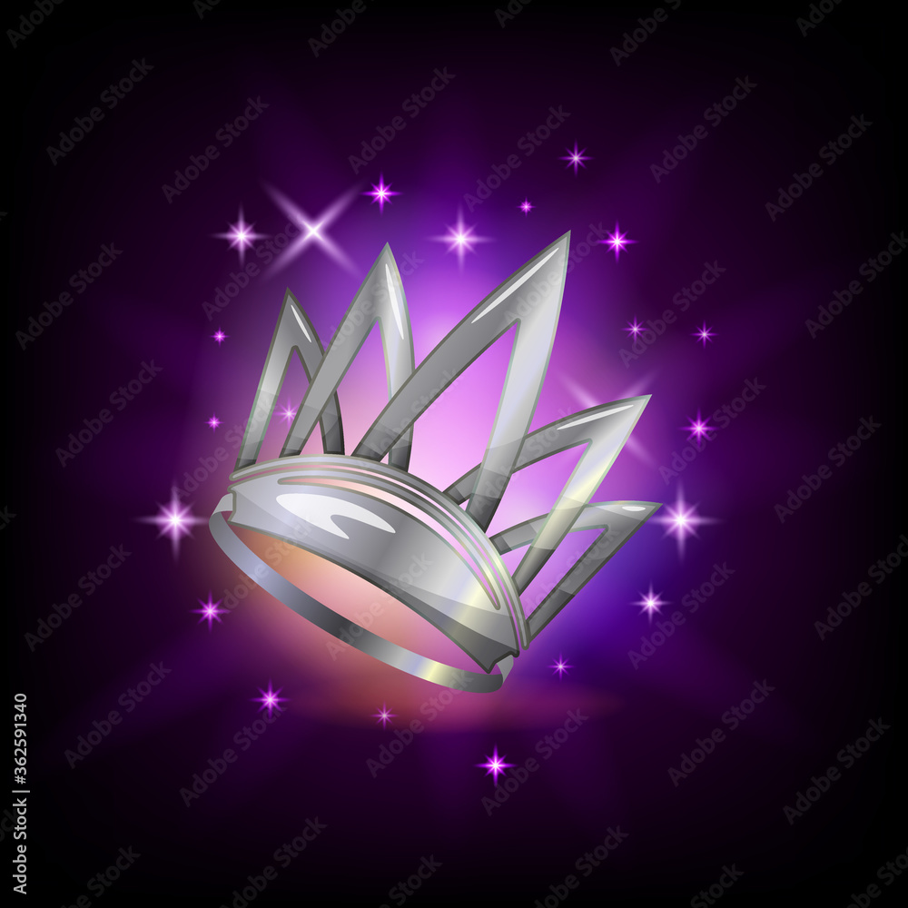 Sparkly silver crown icon for video game or mobile application, dark ...
