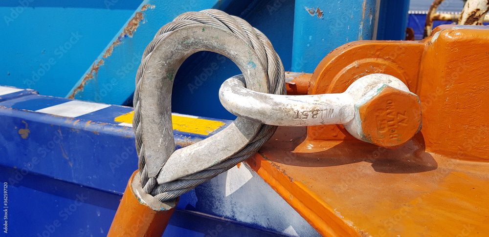 view of pad eyes attached with shackles, safety pin and sling wire on ...