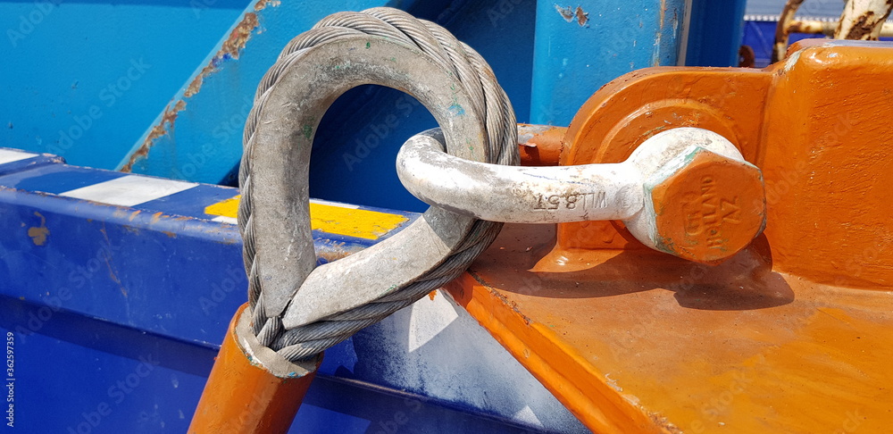 view of pad eyes attached with shackles, safety pin and sling wire on ...