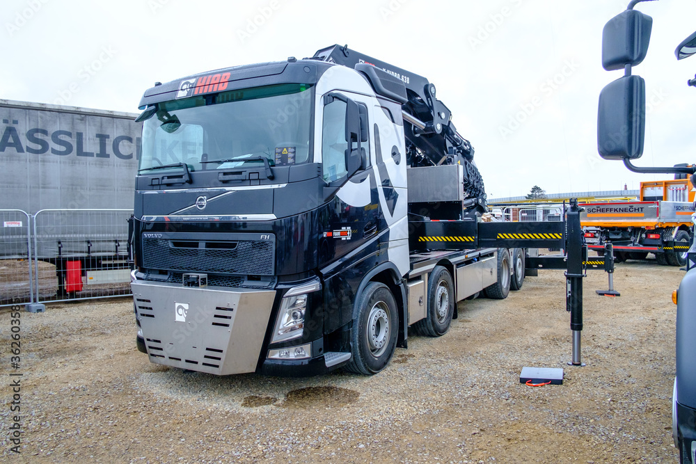 volvo fh flatbed truck equipped with hiab crane Stock Photo | Adobe Stock