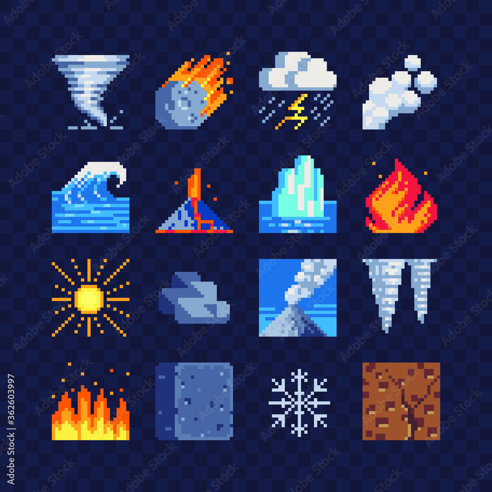 Stockvector Natural disasters, Cataclysm icons set. Pixel art style ...
