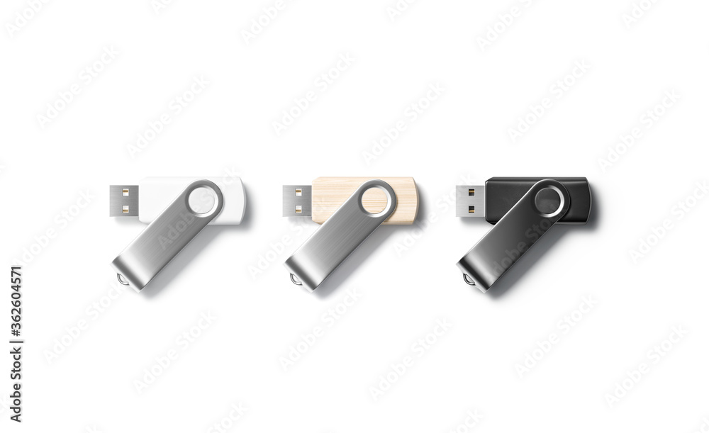 Blank black, white and wood usb stick mockup, top view Stock ...