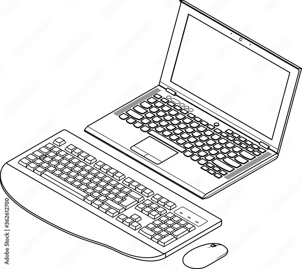 Line-art detailed isometric drawing of a medium laptop computer. With ...