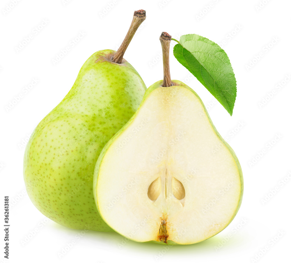 Isolated cut pears. One whole green pear and a half isolated on white ...