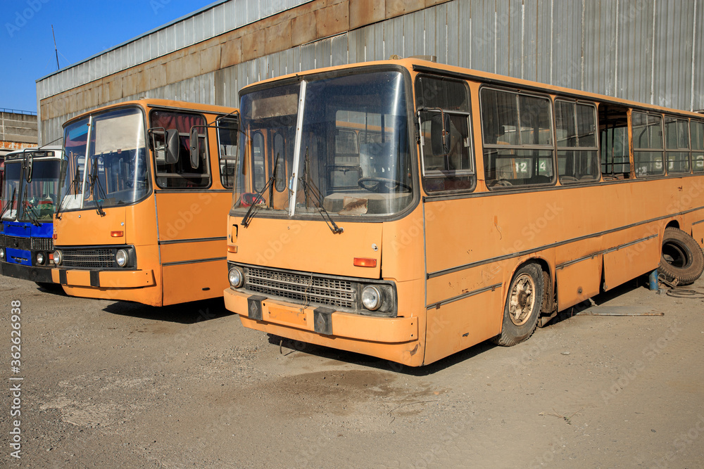 Old decommissioned buses in a fleet under the fence Stock Photo | Adobe ...