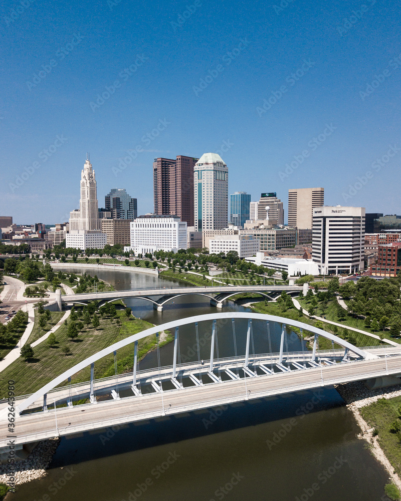 Columbus Ohio skyline from an aerial view with the bridges in view Stock Photo | Adobe Stock